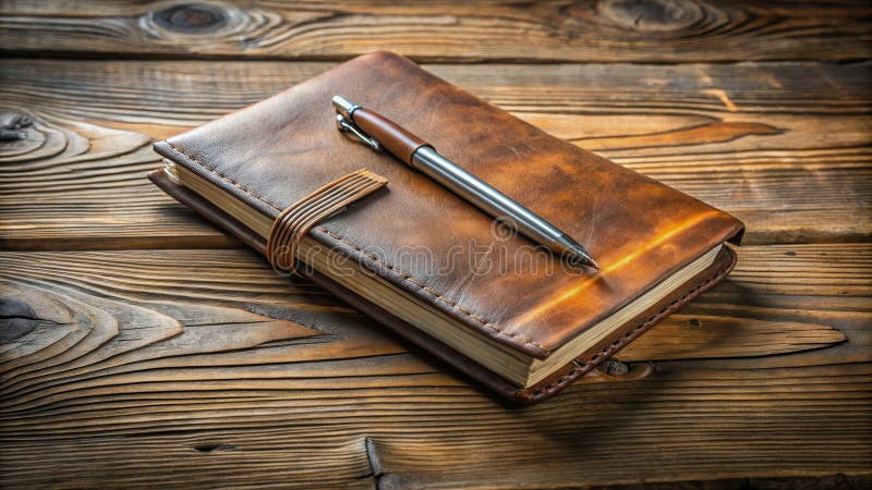 Rustic Leather Journal and Elegant Pen Resting on Weathered Wooden ...