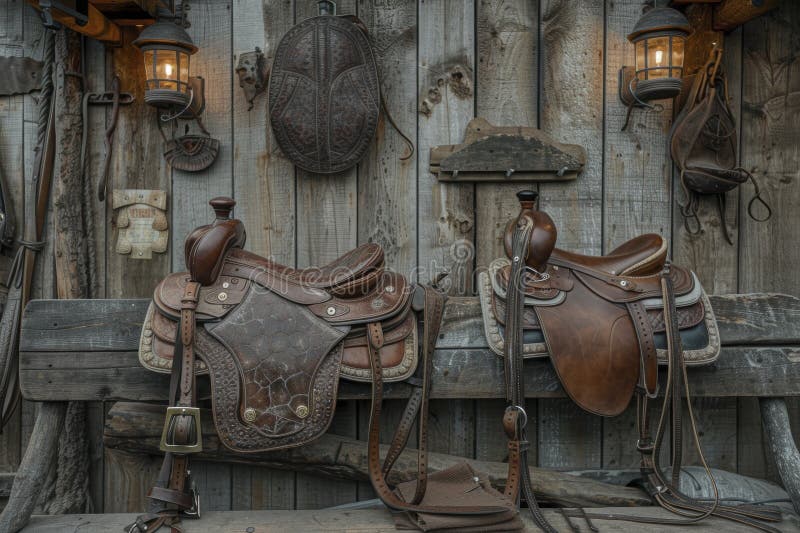 Rustic Leather Saddles Hanging on Barn Wall in Vintage Western Setting ...