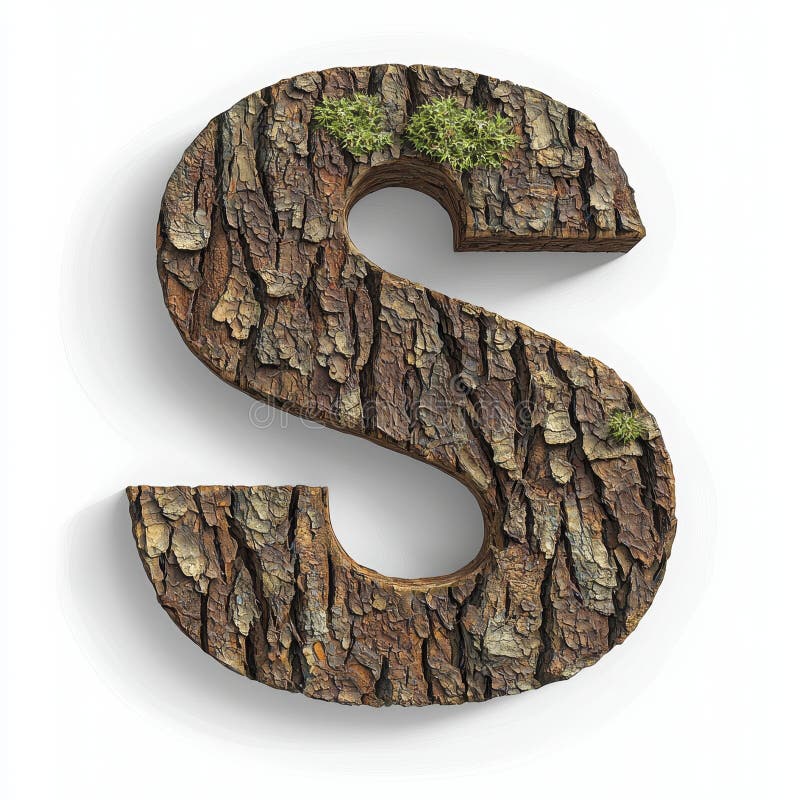 Rustic Letter S Made of Tree Bark and Moss on White Background Stock ...
