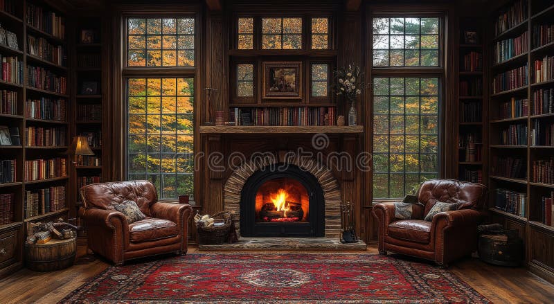 A Rustic Library with a Cozy Fireplace, Leather Chairs, and a Warm ...