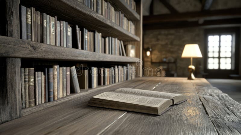 A Rustic Library Features a Wooden Table with an Open Book Resting on ...