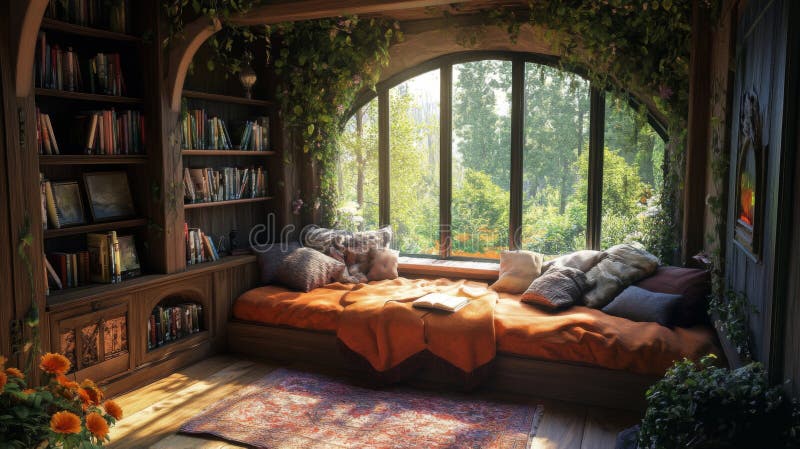Rustic Library Room with Sunlight and Cozy Reading Nook Stock ...