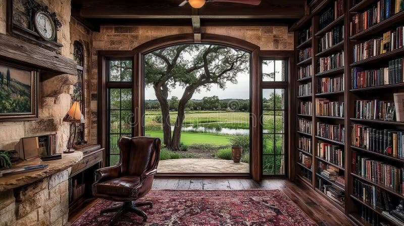 Rustic Library Study, Texas Landscape View, Oak Tree, Tranquil Stock ...