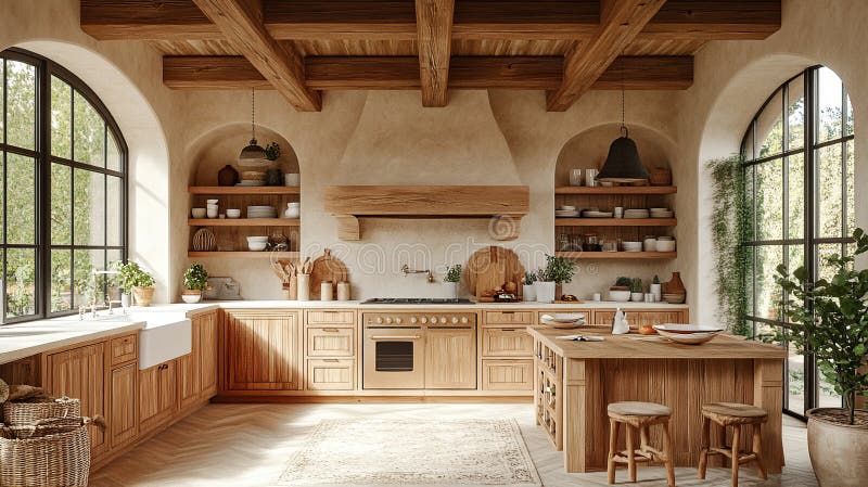 Rustic, Light-filled Kitchen with Arched Windows, Exposed Beams, and ...