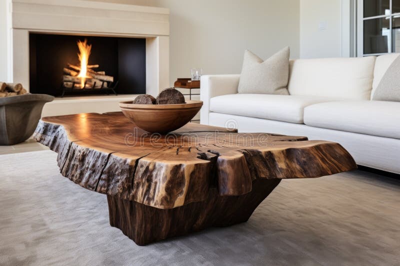 Rustic Live Edge Coffee Table Made from Tree Trunk Log Near Fireplace ...
