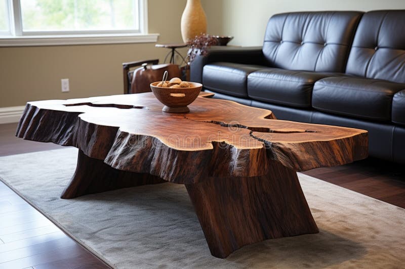 Rustic Live Edge Coffee Table Made from Tree Trunk Log Near Fireplace ...