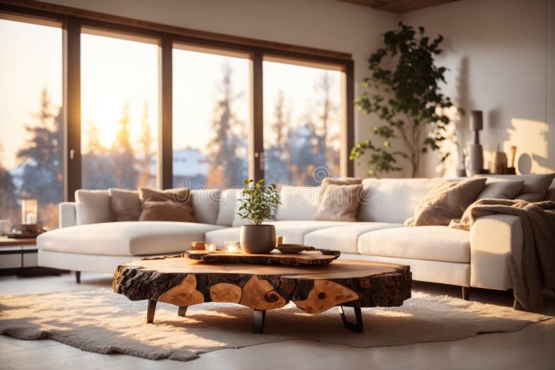 Rustic Live Edge Coffee Table Near White Corner Sofa. Ai Generative ...