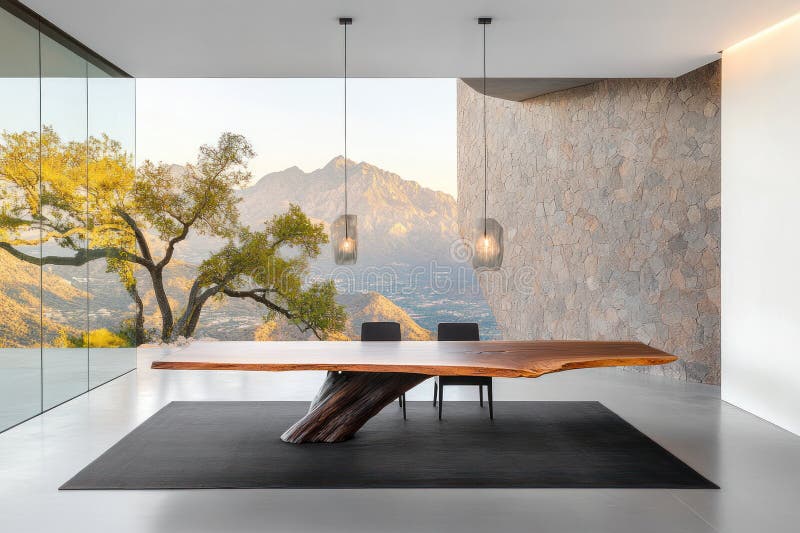 Rustic Live Edge Dining Table and Stone Cladding Wall in Modern Dining ...