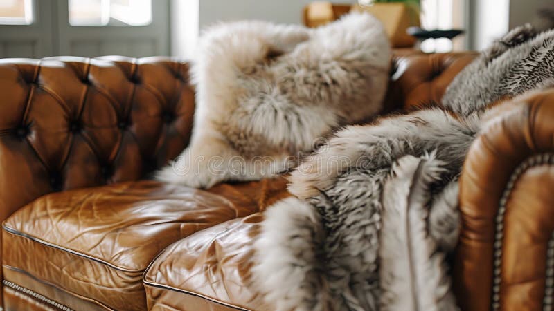 A Rustic Living Area Showcasing a Leather Sofa with a Plush Faux Fur ...