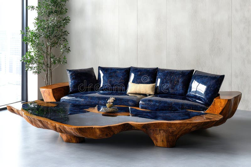 Rustic Living: Blue Sofa Made from Tree Trunk Root in Modern Room with ...
