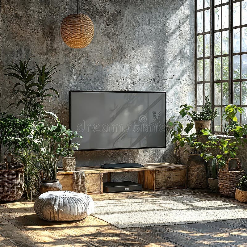 Rustic Living Room Decor with Large TV, Plants, and Natural Light Stock ...