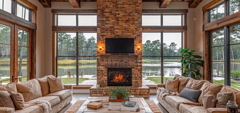 Rustic Living Room Interior Design with Brick Fireplace Stock ...