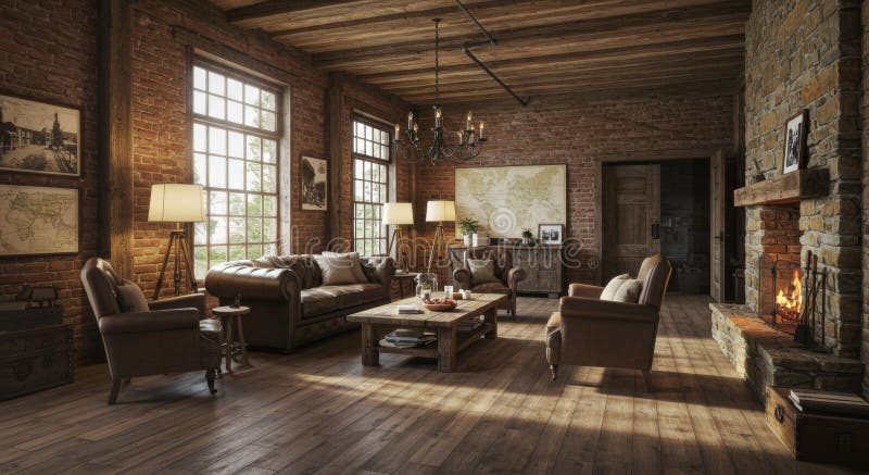 Rustic Living Room Interior Design with Brick Walls Stock Illustration ...