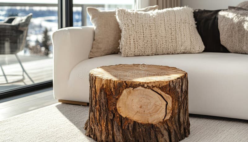 Rustic Living Room Interior with Tree Stump Coffee Table, White Sofa ...