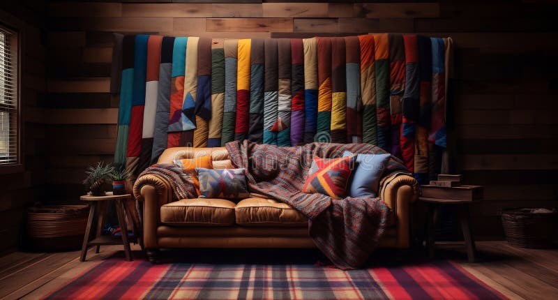 Rustic Living Room with Leather Sofa and Colorful Patchwork Quilt Stock ...