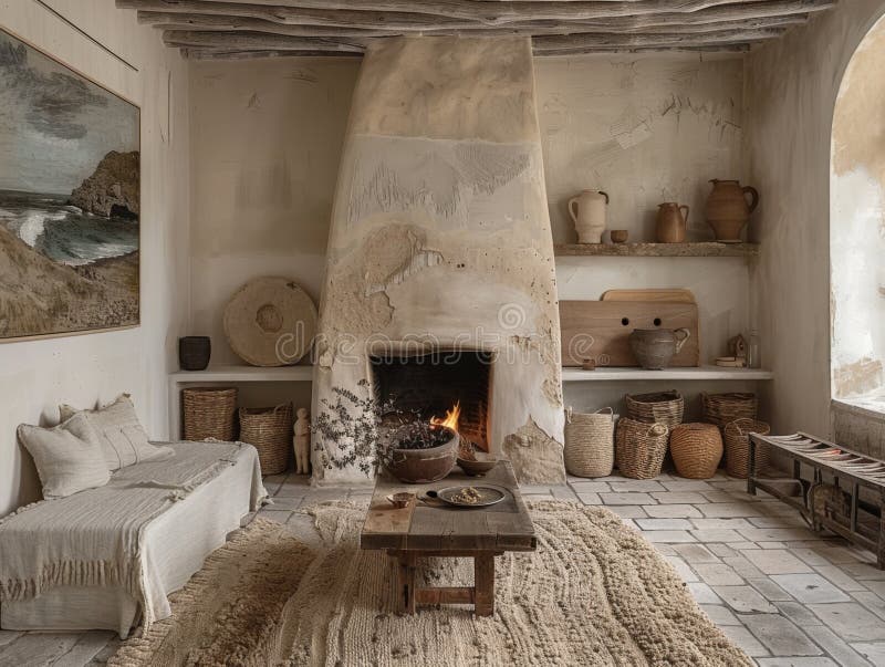 Rustic Living Room with Fireplace and Natural Decor Elements Stock ...