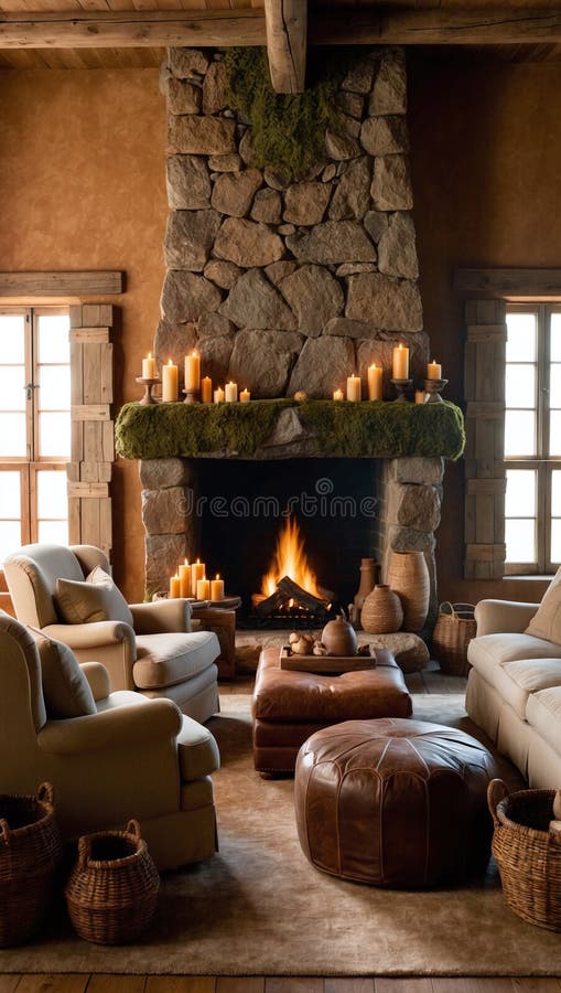 Rustic Living Room with Stone Walls and Large Fireplace Stock ...