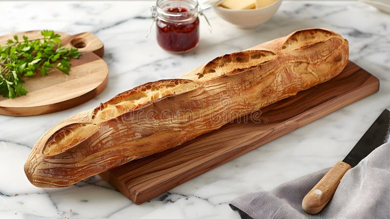 A Rustic Loaf of Bread Displayed on a Wooden Board with Herbs and Jam ...