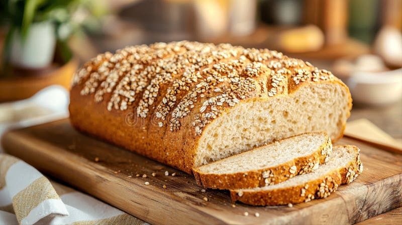 Rustic Loaf of Bread Made with Ancient Grains Sliced on a Wooden ...