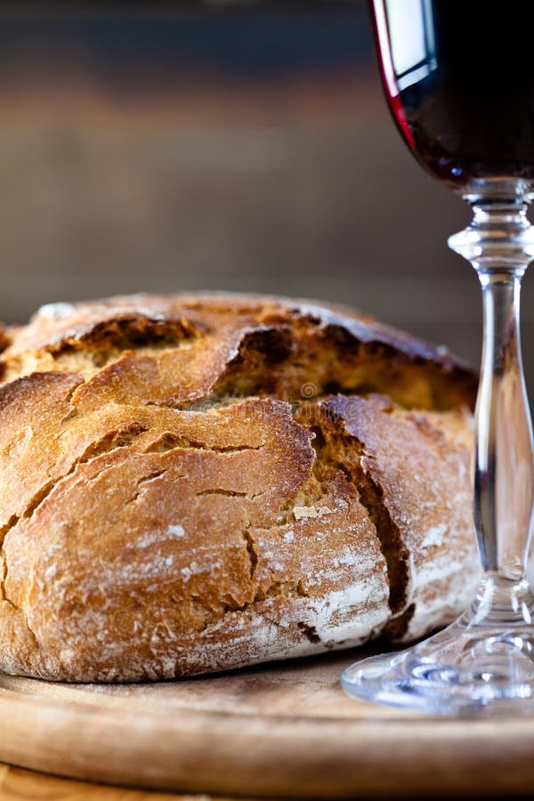 Rustic Loaf of Bread and Red Wine Stock Image - Image of kitchen, wine ...