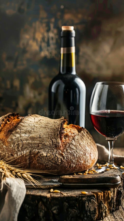 Rustic Loaf of Bread with Red Wine and Bottle Stock Photo - Image of ...