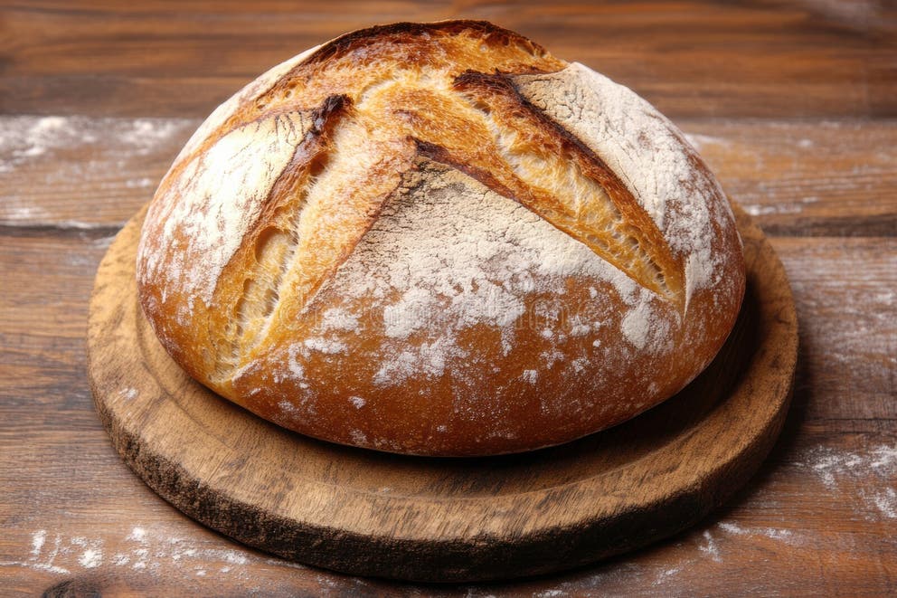 A Rustic Loaf of Bread Rests on a Wooden Board Atop a Table. Stock ...