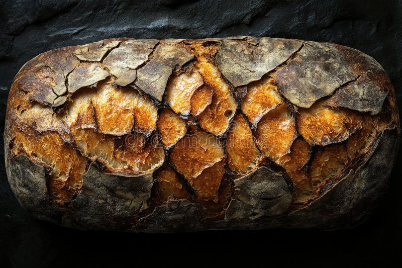 Rustic Loaf of Bread with a Cracked Crust Presented on a Dark Surface ...
