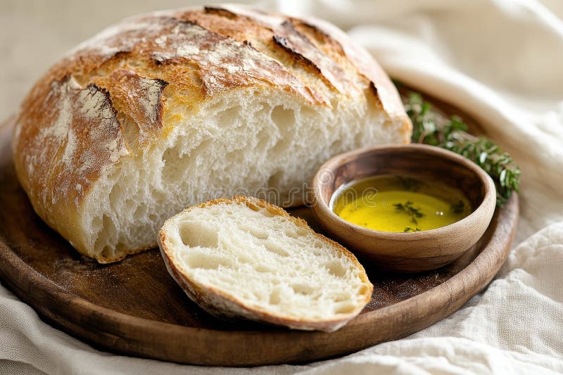 A Rustic Loaf of Bread with a Slice and a Bowl of Olive Oil on a Wooden ...