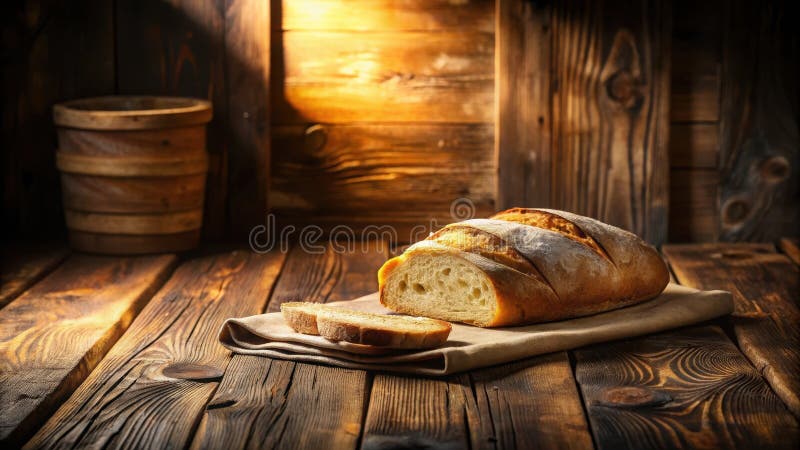 Rustic Loaf of Bread Sliced and Presented on Wooden Table with Linen ...