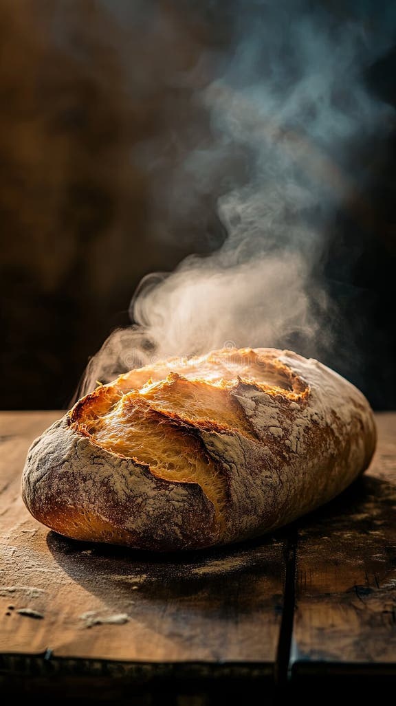 A Rustic Loaf of Bread, Still Steaming, Placed on a Wooden Table. Pic ...