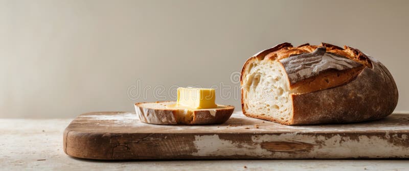 A Rustic Loaf of Fresh Sourdough Bread Sliced Open with Butter Melting ...