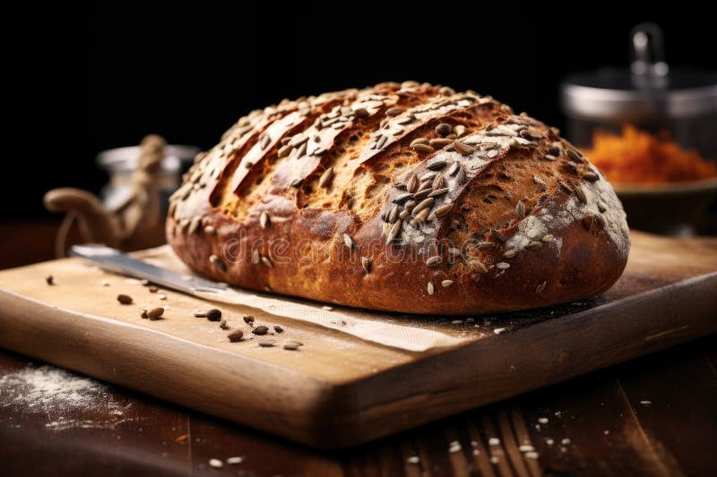 A Rustic Loaf of Multigrain Bread with Seeds on a Board Stock ...
