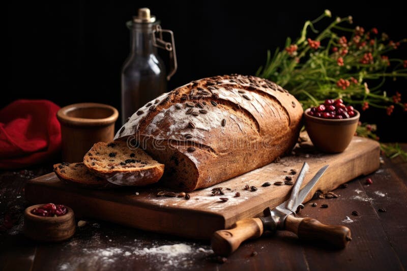 A Rustic Loaf of Multigrain Bread with Seeds on a Board Stock ...