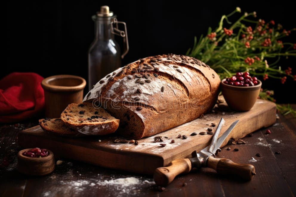 A Rustic Loaf of Multigrain Bread with Seeds on a Board Stock ...