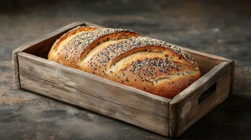 Rustic Loaf of Sesame Seeded Bread in Wooden Tray Stock Illustration ...