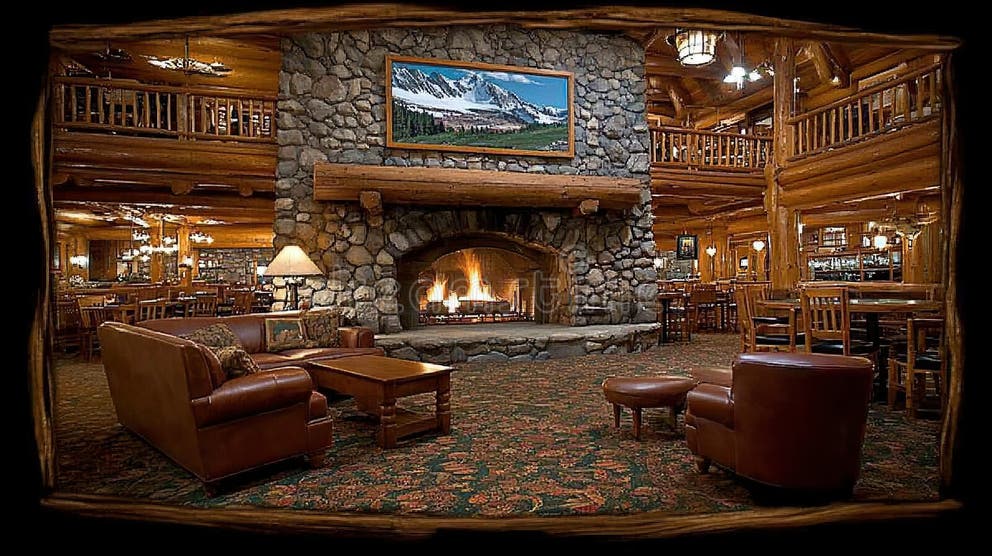 Rustic Lodge Interior with a Large Fireplace, Comfortable Seating, and ...