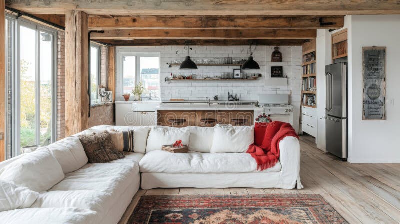 Rustic Loft Apartment Interior Design with White Sectional Sofa Stock ...