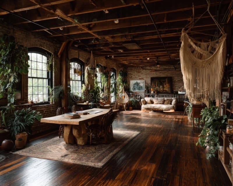 Rustic Loft Apartment Interior Design with Wood and Plants Stock ...