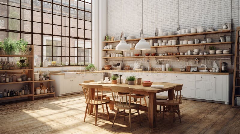 Rustic loft kitchen stock illustration. Illustration of dining - 372175981