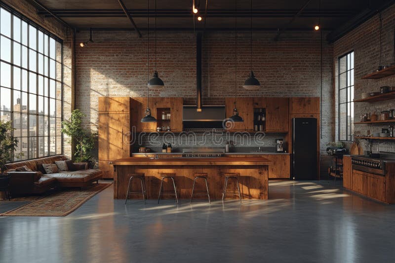 Rustic Loft Kitchen, Sunlight Streaming through Industrial Windows ...