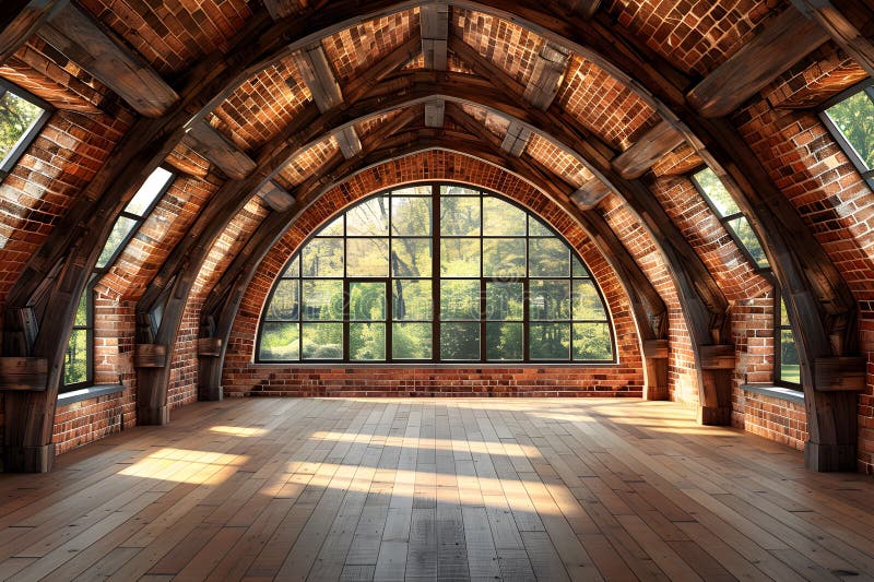 Rustic Loft Space with Arched Windows, Exposed Brick, and Wooden Beams ...