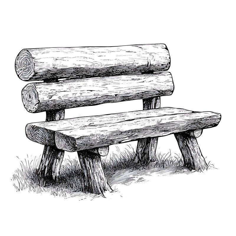 Rustic Log Bench Drawing, Outdoor Setting Stock Illustration ...
