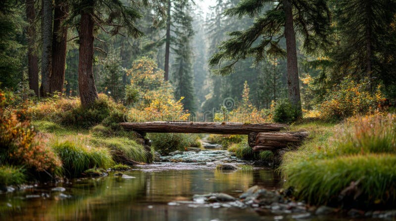 Rustic Log Bridge Over Calm Forest Stream Stock Image - Image of ...