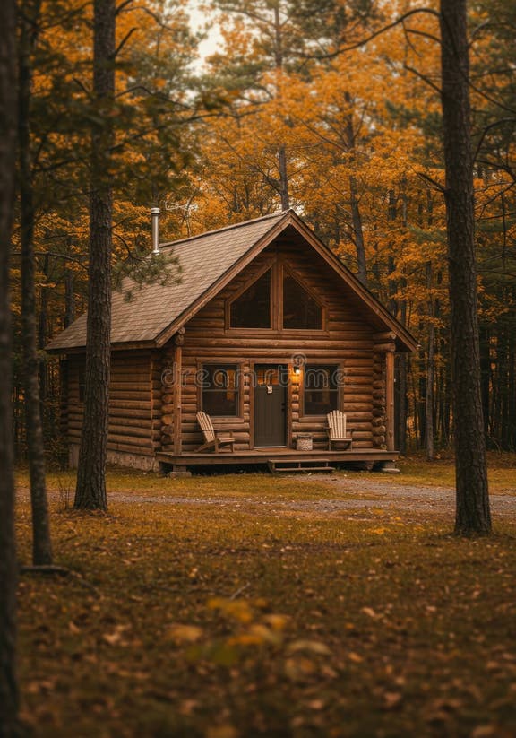 Rustic Log Cabin in Autumn Forest Stock Image - Image of light, comfort ...