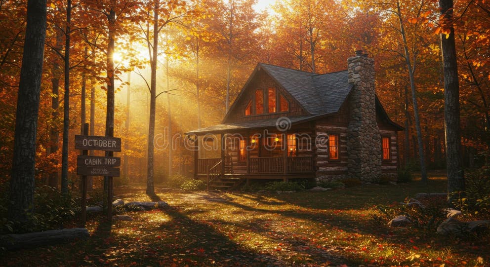 Rustic Log Cabin in Autumn Forest at Sunset Stock Photo - Image of ...
