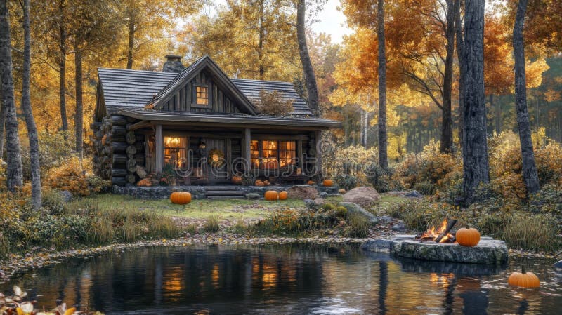 Rustic Log Cabin by Autumn Lake at Sunset Stock Illustration ...