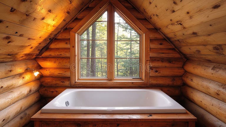 Rustic Log Cabin Bathroom with Soaking Tub and Forest View Stock ...