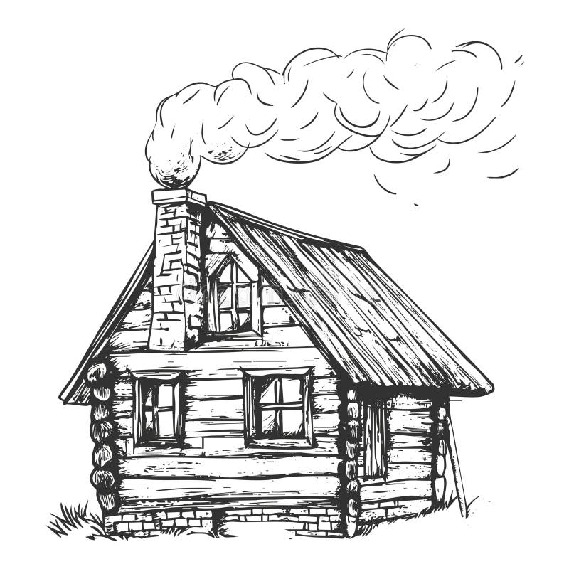 Rustic Log Cabin with Chimney Smoke Illustration, Hand-drawn Sketch ...