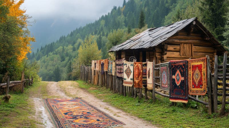 Rustic Log Cabin with Colorful Rugs Drying on Fence in Forest Setting ...