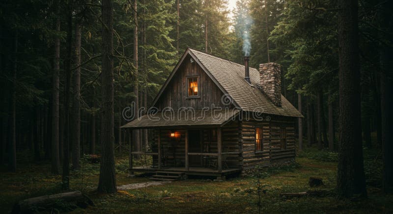 Rustic Log Cabin in a Dark Forest at Dusk Stock Illustration ...